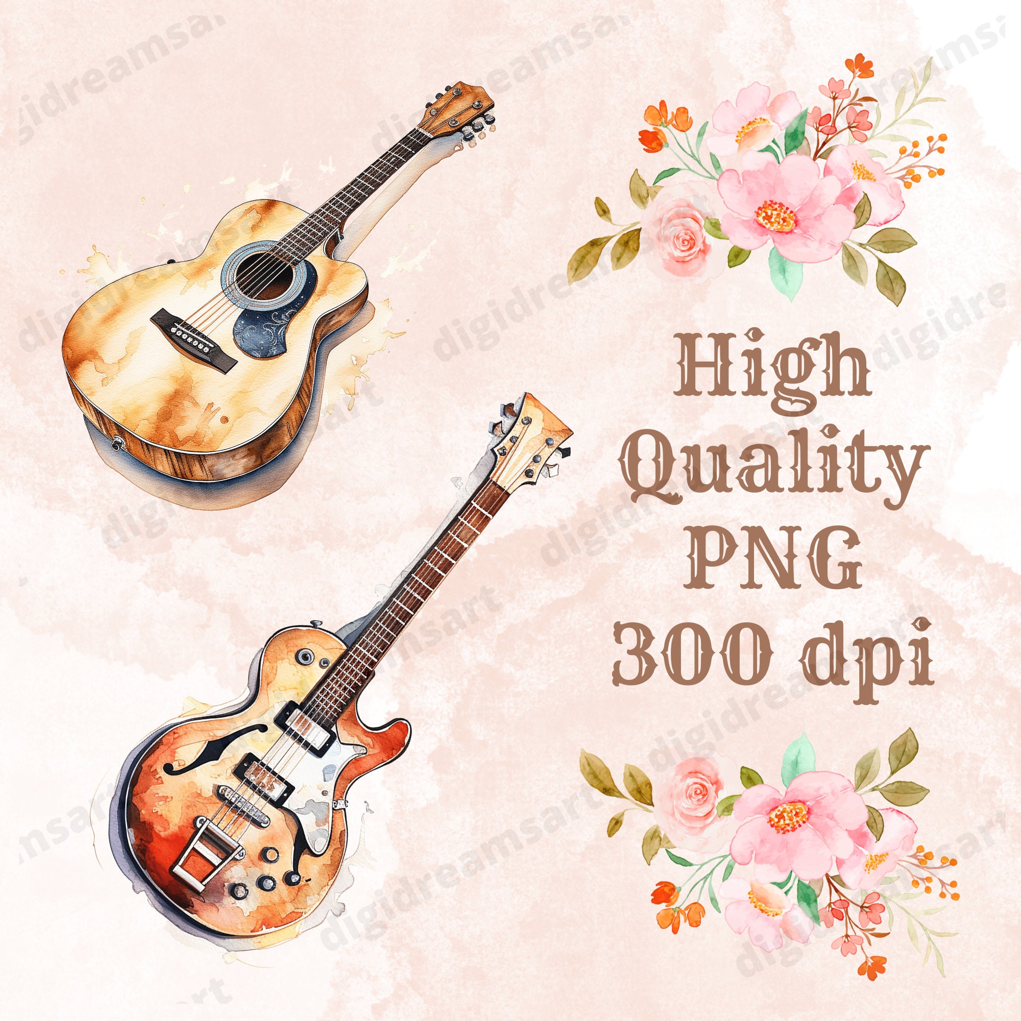 Guitar Design Bundle - PNG Transparent Clipart Collection, Watercolor ...