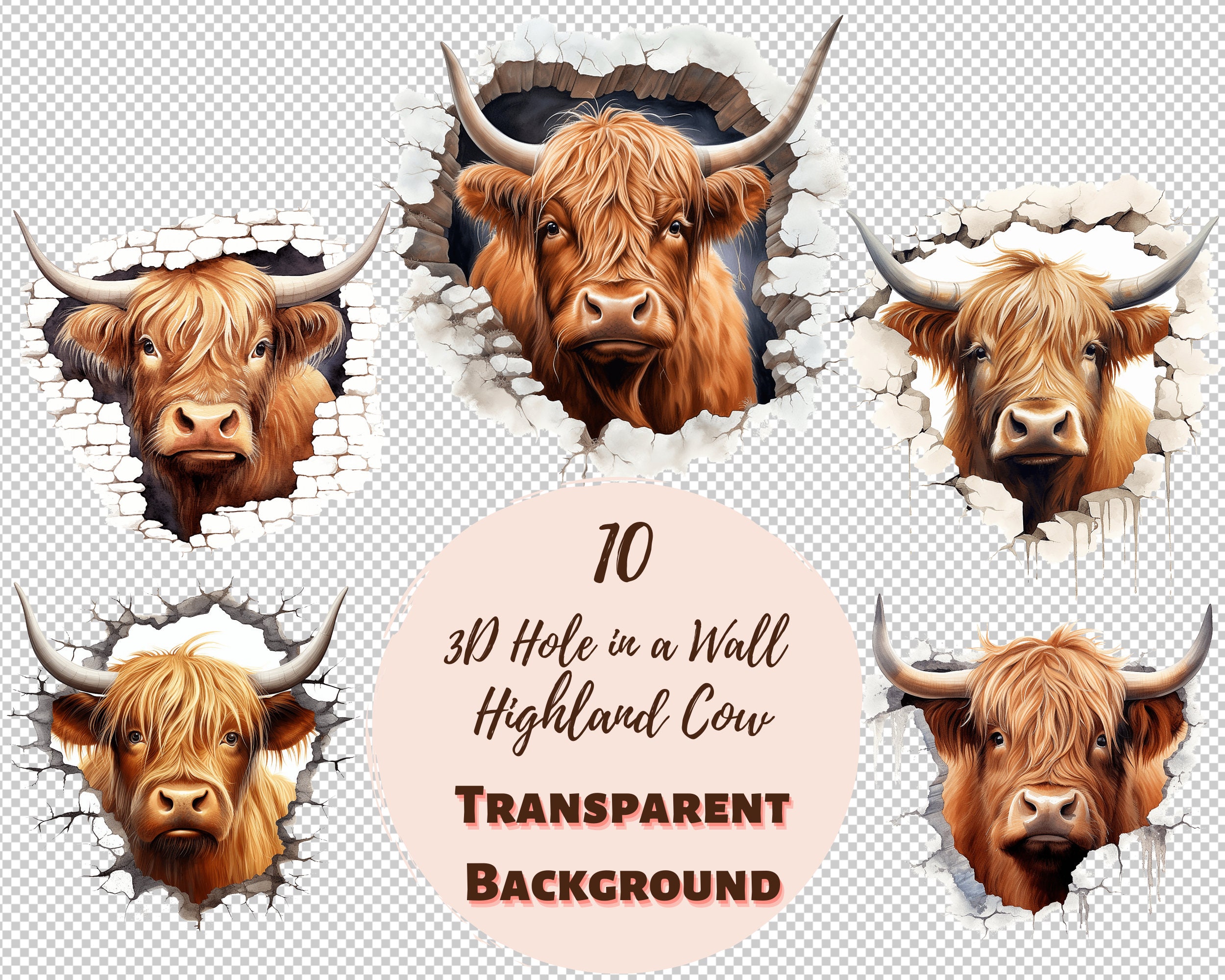 3D Hole in a Wall Highland Cow Design Bundle PNG Transparent Clipart ...