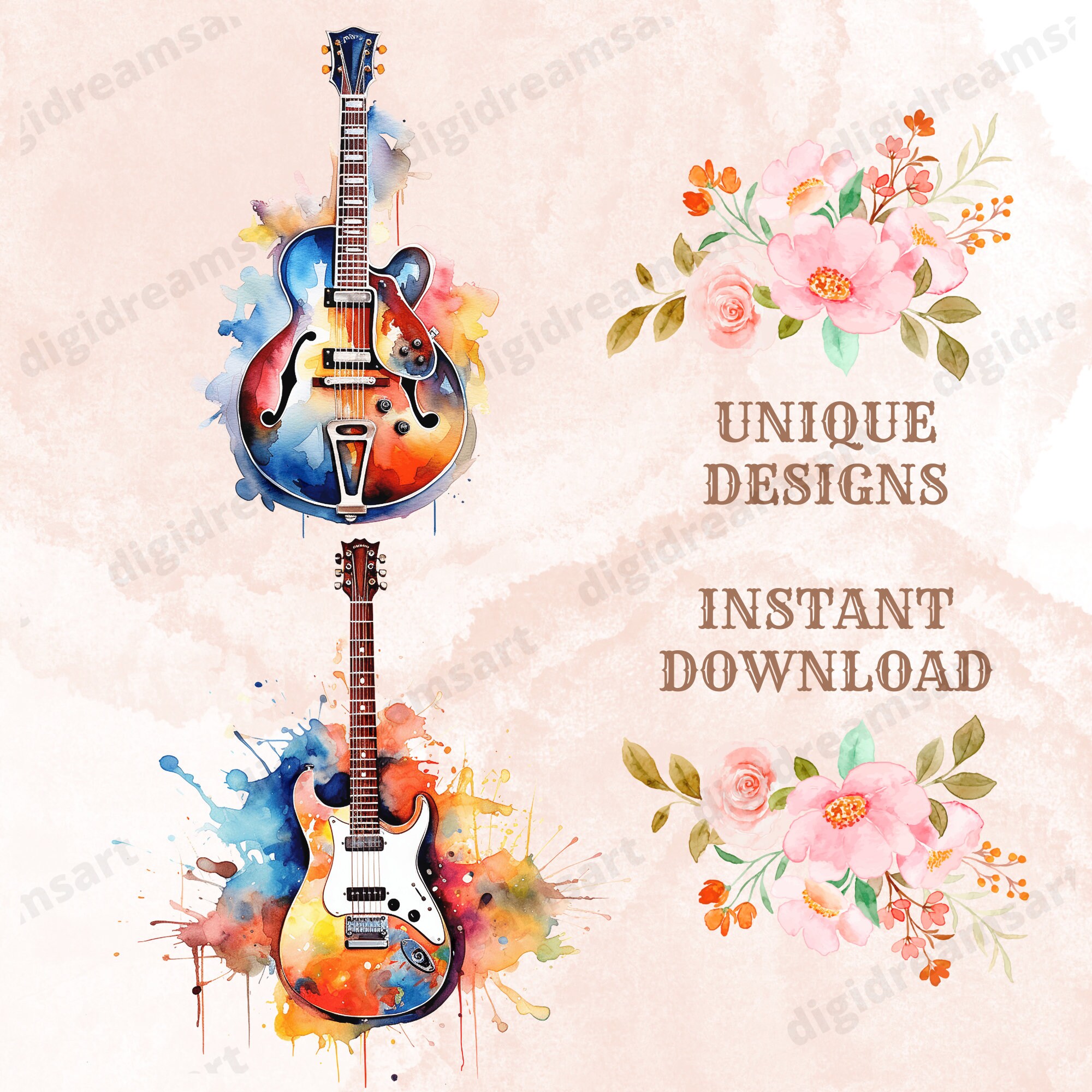 Guitar Design Bundle PNG Transparent Clipart Collection, Watercolor ...