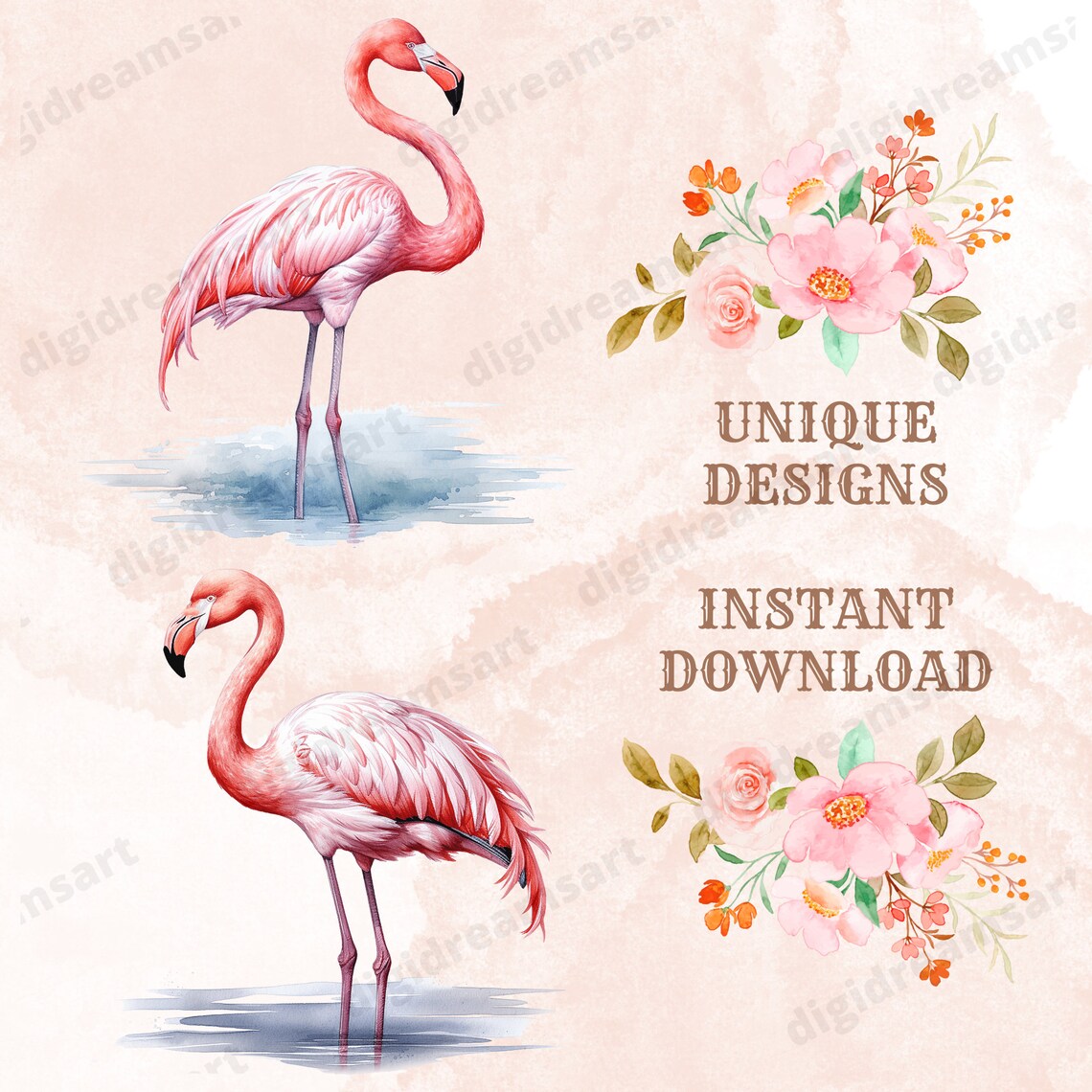 Flamingo Clipart Bundle - Transparent PNG Collection, Watercolor ...