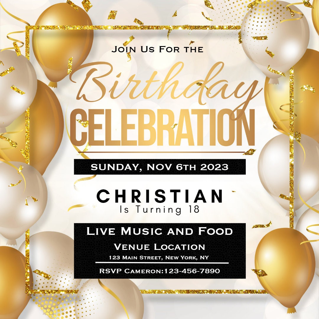 Birthday Flyer Editable Template, Celebration Editable Template, Gold ...
