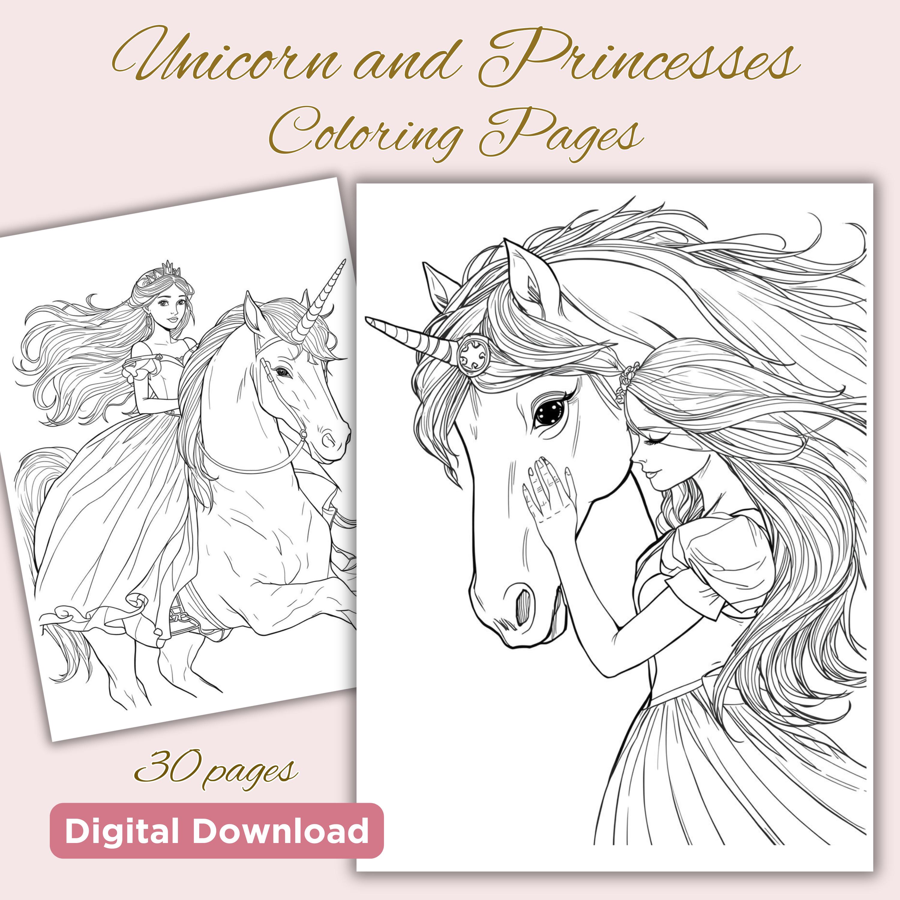 Princess and Unicorn Coloring Pages | PDF Download | 30 Pages | Digital ...