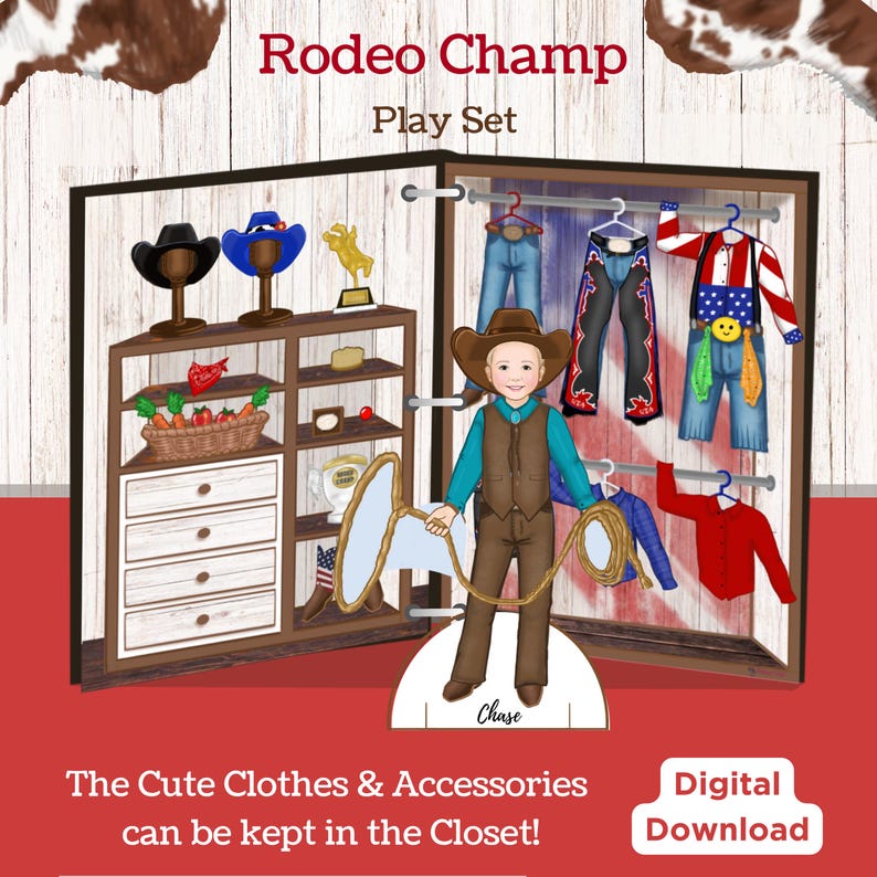 Rodeo Champ Paper Doll Playset | Boy Cowboy, Horse, Bull (digital ...