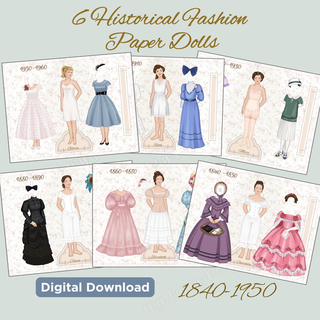 6 Printable Historical Fashion Paper Dolls | 1840-1950's | Full Color ...
