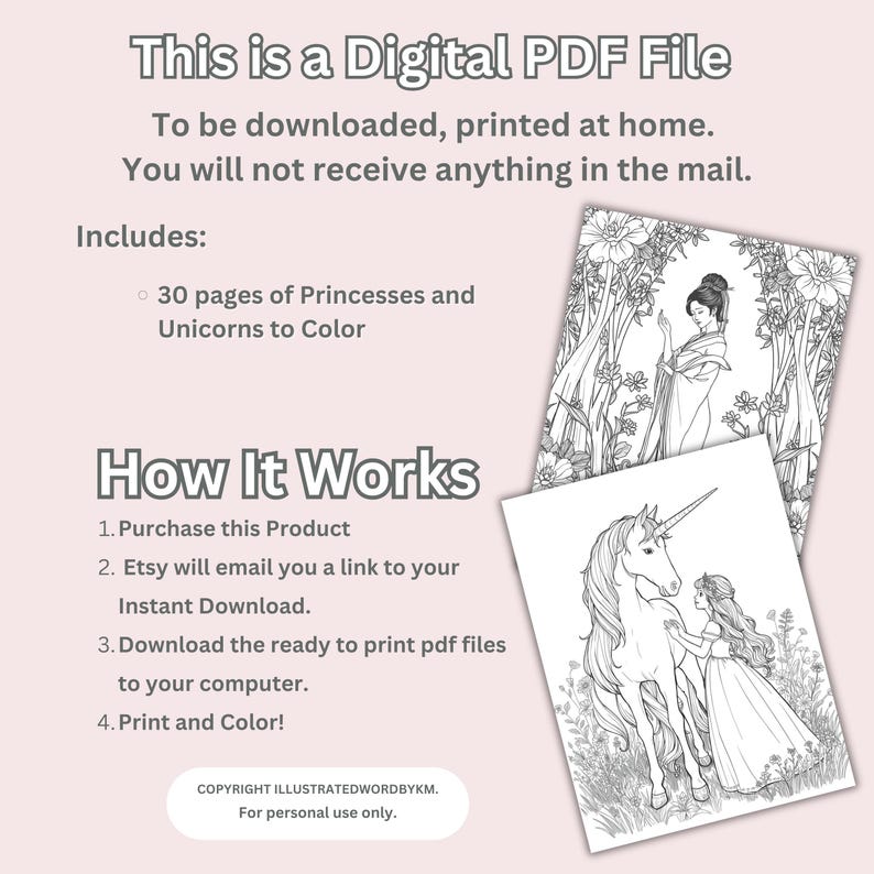 Princess and Unicorn Coloring Pages | PDF Download | 30 Pages | Digital ...