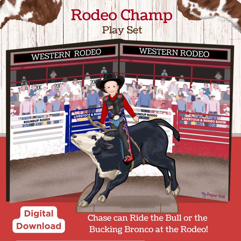 Rodeo Champ Paper Doll Playset | Boy Cowboy, Horse, Bull (digital ...