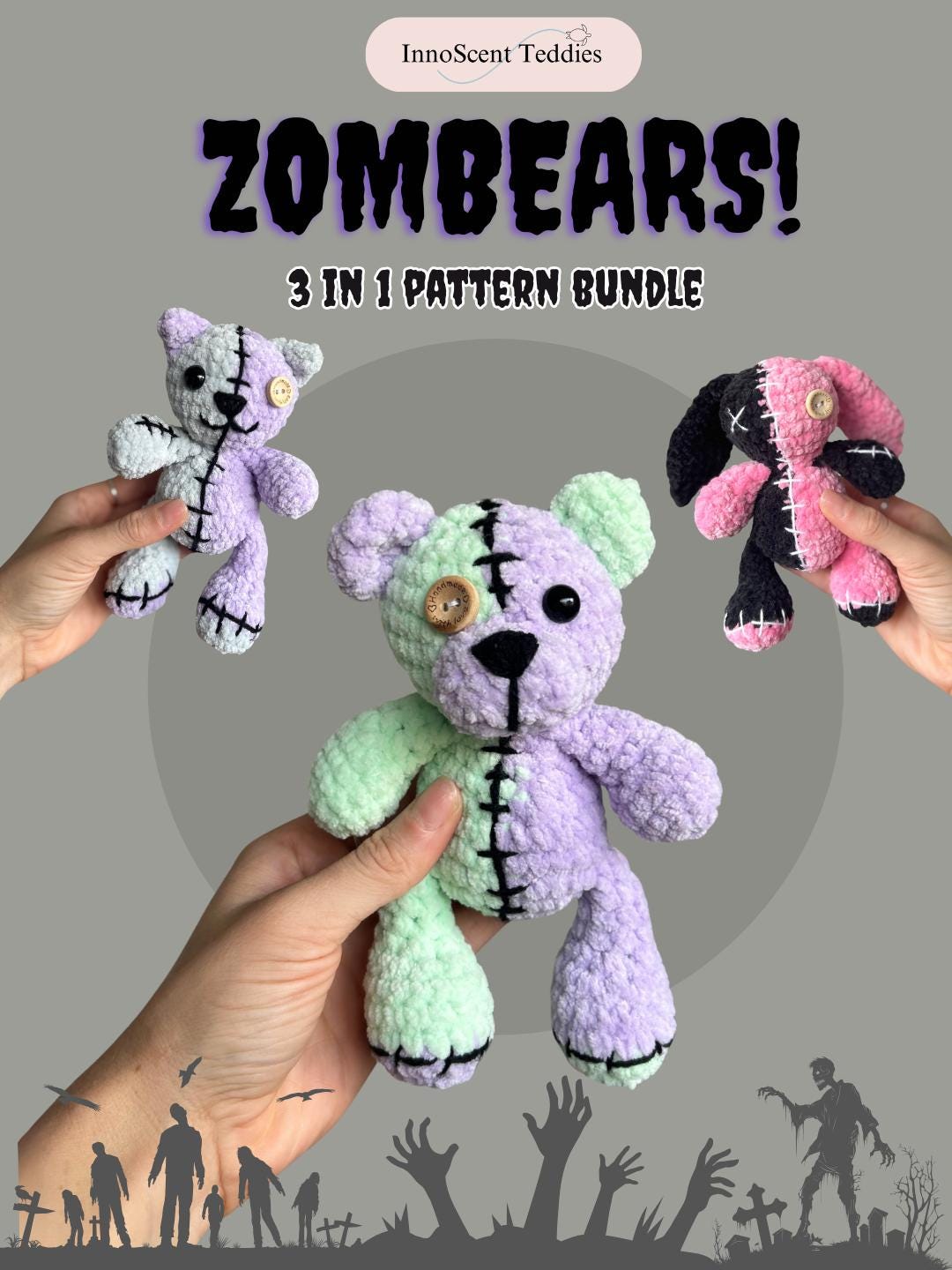 Mini ZOMBEAR Crochet Patterns: 3 in 1 Spooky Amigurumi Plush Toy (PDF ...