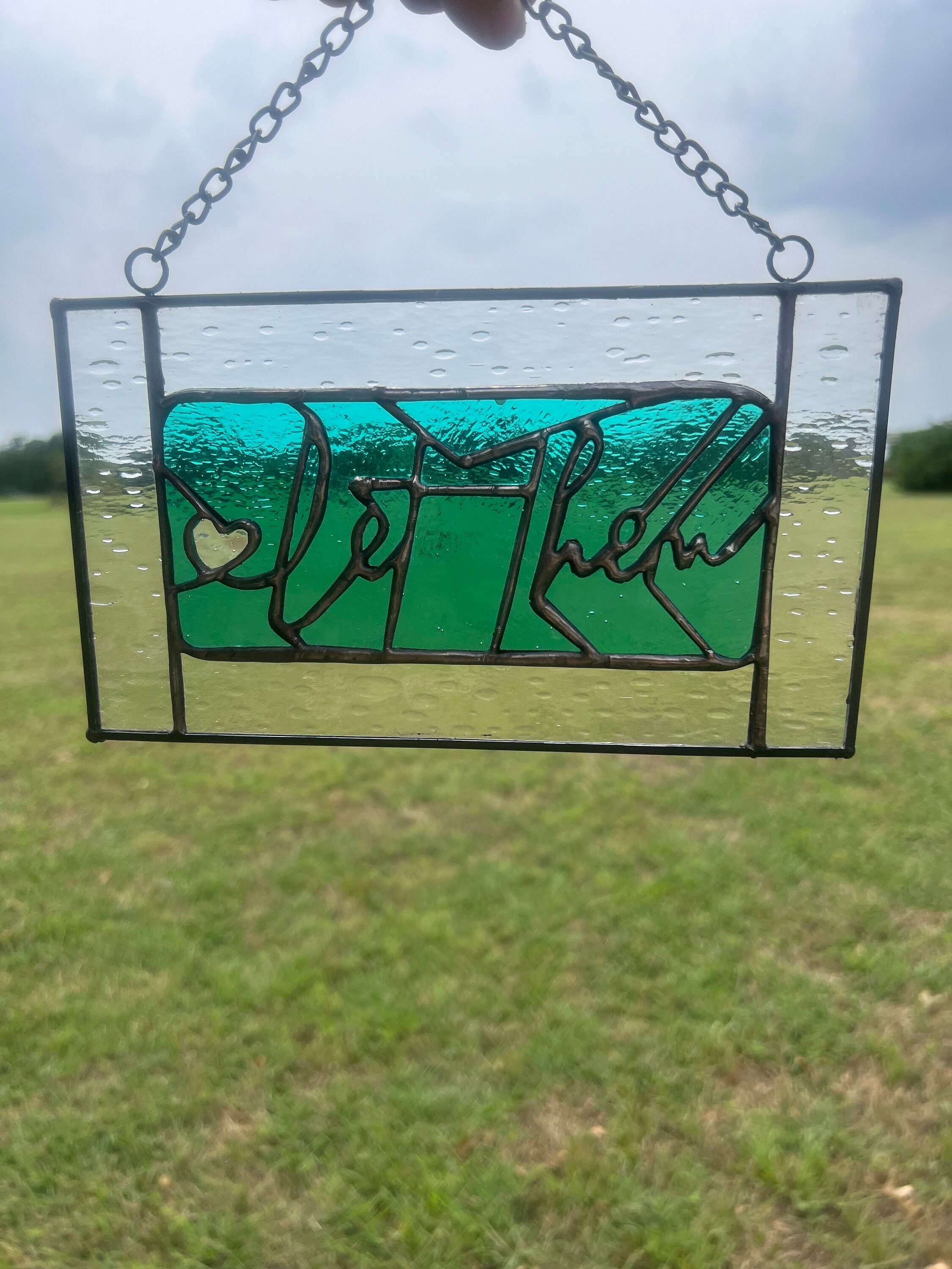 Let Them Stained Glass Word Hanging: Turquoise Iridescent Heart Decor ...