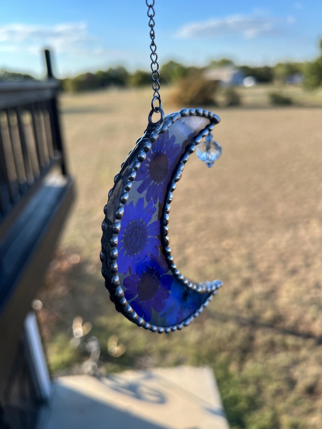 Pressed Flower Moon Sliver Stained Glass Hanging With Solder Decor and ...