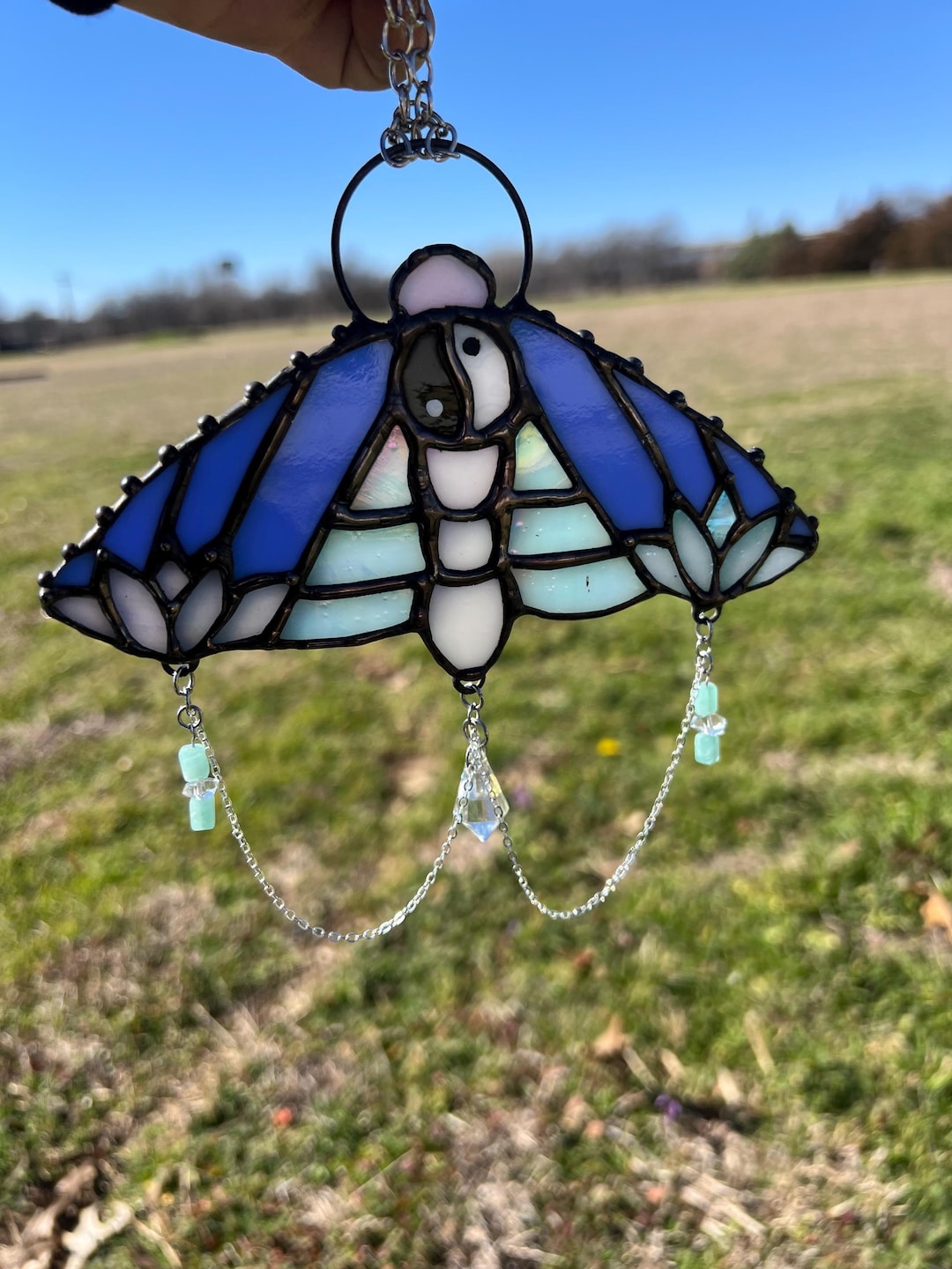 Irridecent Moth Stained Glass and Crystal Hanging With Yin Yang ...