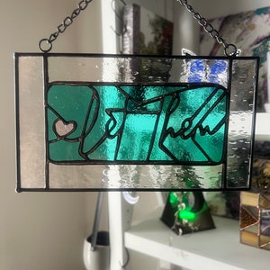 Let Them Stained Glass Word Hanging: Turquoise Iridescent Heart Decor ...