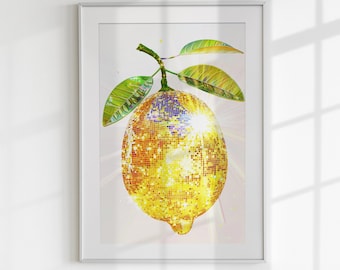 Disco Lemon Art Print Wall Art Poster Glam Disco Ball Lemon Preppy ...