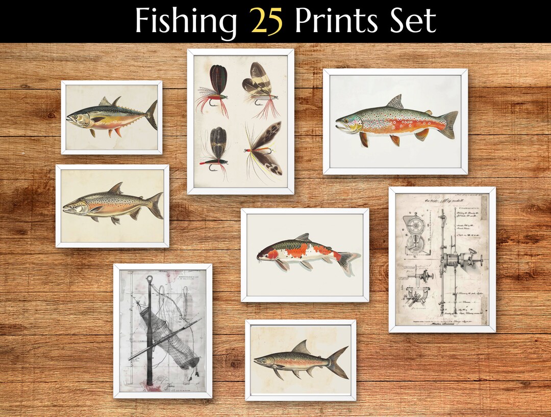 Fishing Prints Set of 25, Fly Fishing Gift, Angler Gallery Wall Art Set ...