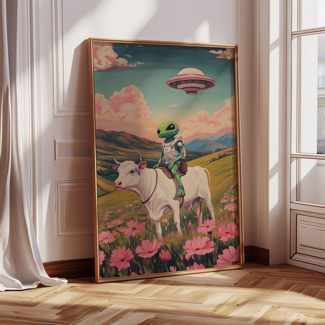 Alien & Cow Best Friends Print | UFO Art, Little Cute Alien, Retro ...
