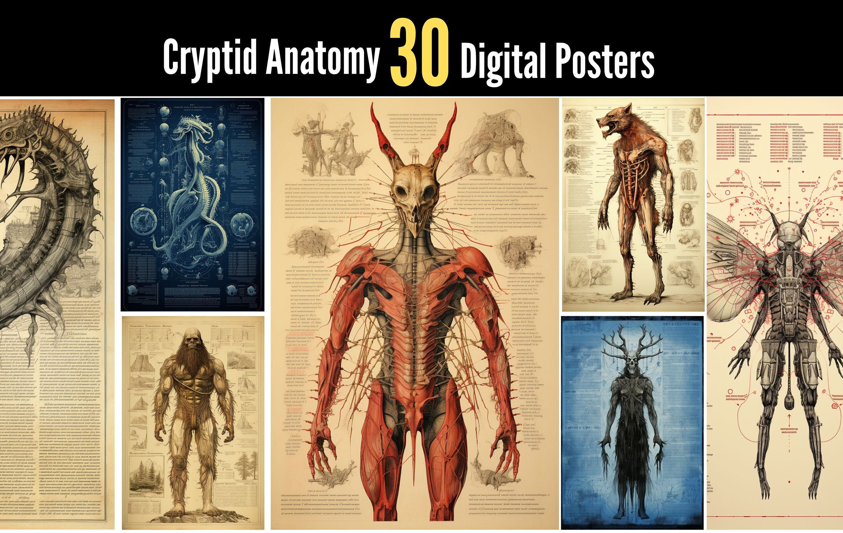 30 Cryptid Anatomy Posters | Digital Download | Chupacabra, Wendigo, Loch Ness Poster, Big Foot ...