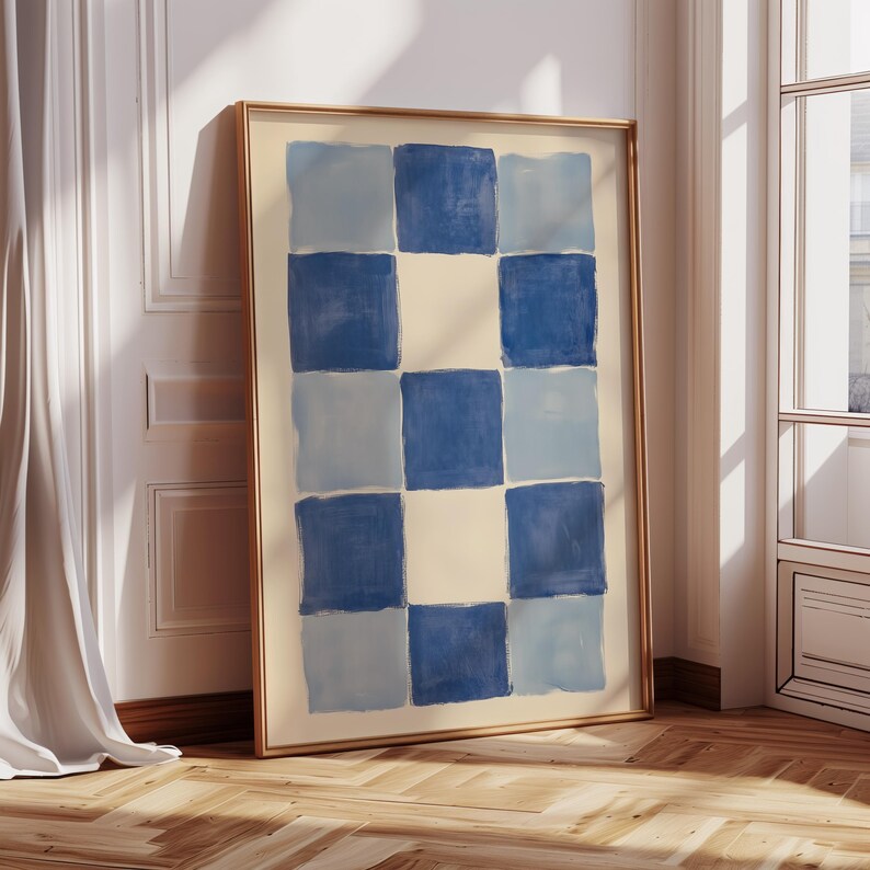 Blue Checkerboard Poster Wall Art, Indigo Checker Pattern Art Prints ...