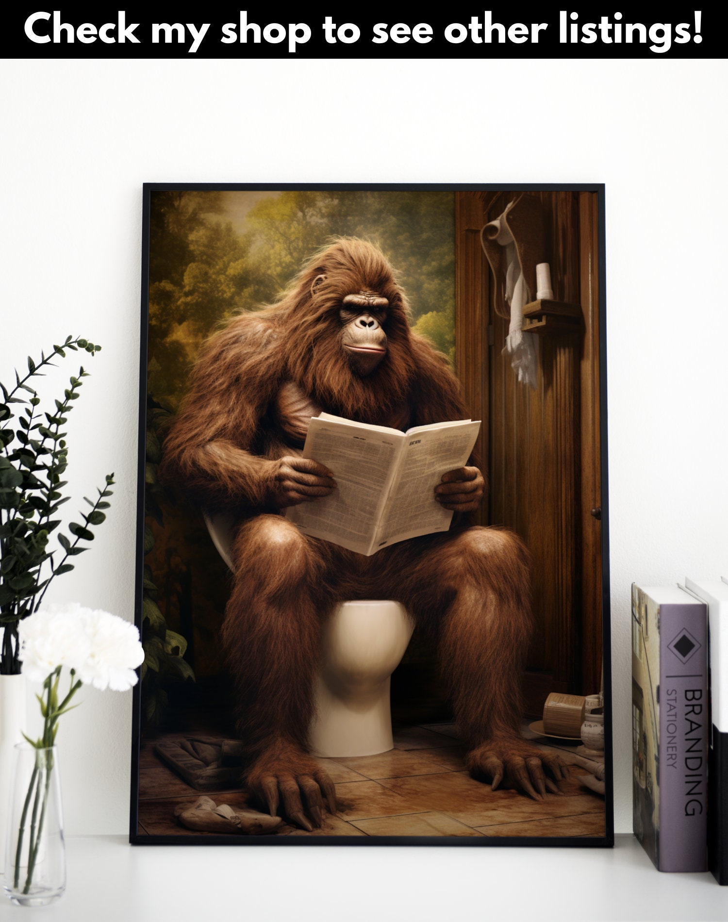 Bigfoot on Toilet - Bigfoot Reading Newspaper - Digital Poster - Custom ...