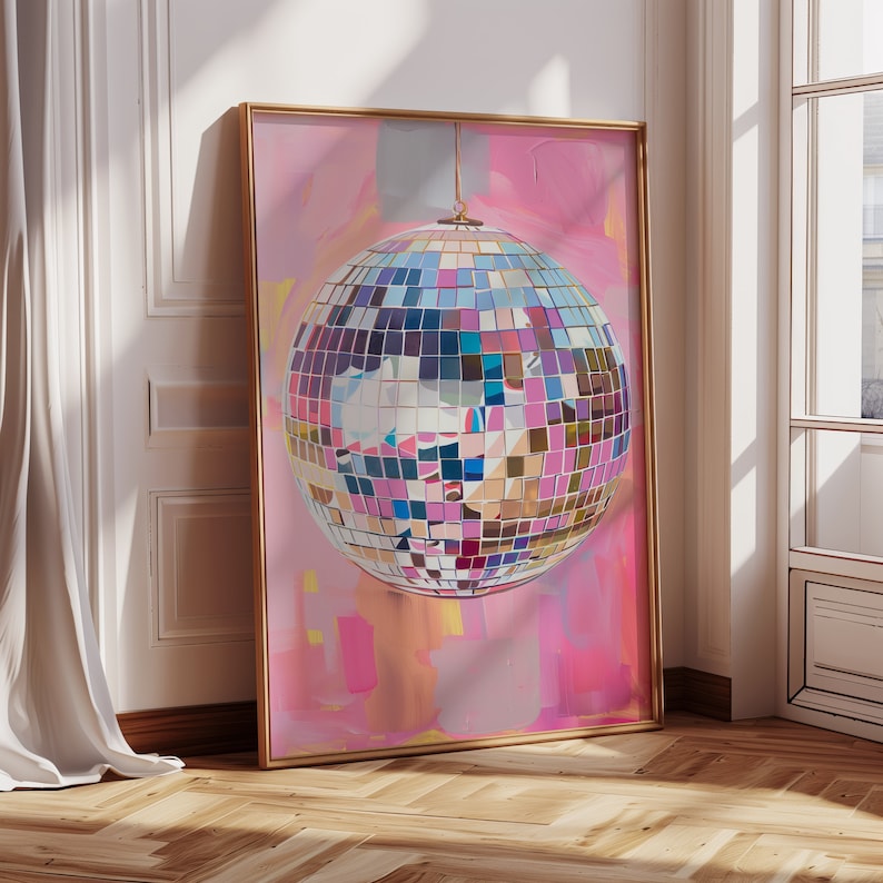 Disco Ball Hand Drawn Painting Printable Wall Art for Home, Decor Pink ...