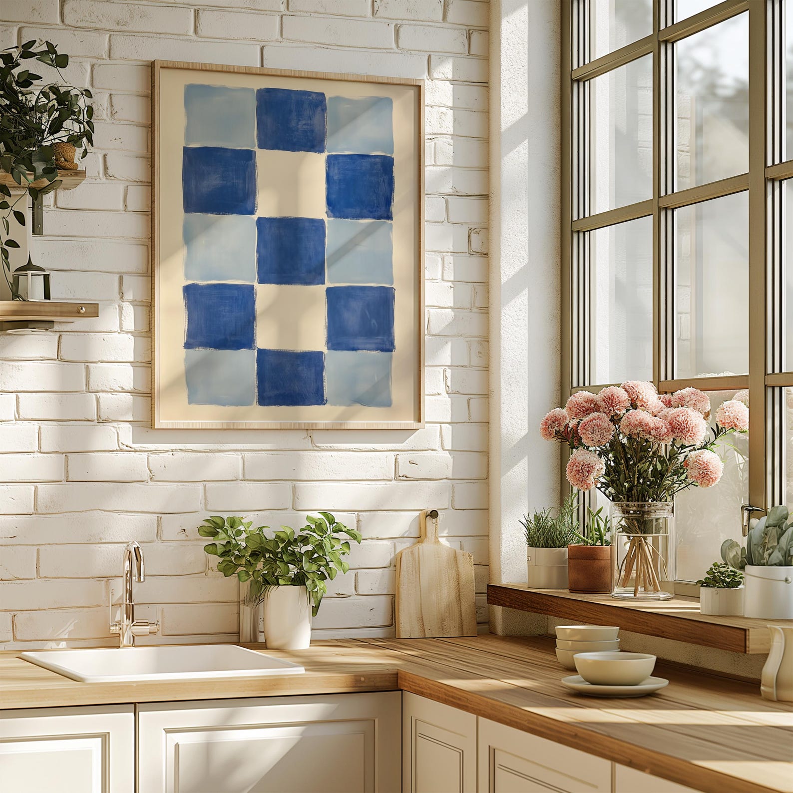 Blue Checkerboard Poster Wall Art, Indigo Checker Pattern Art Prints ...