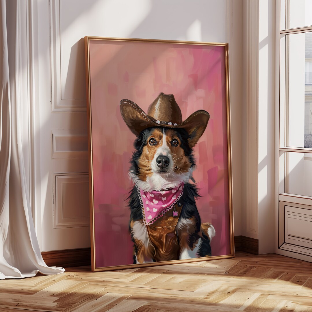 Dog Cowgirl Hat Print, Corgi Lover, Pink Print, Vintage Art, Western ...