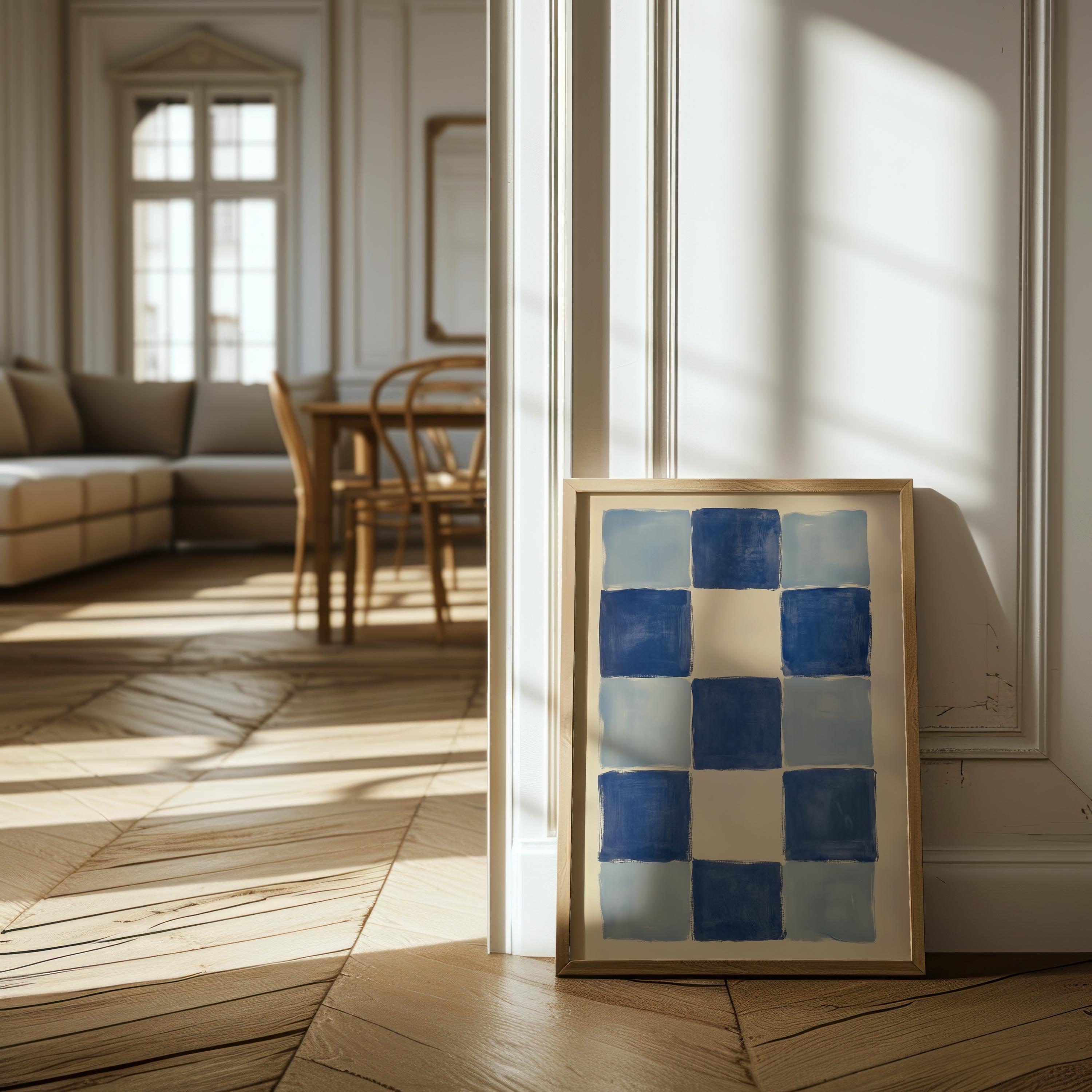 Blue Checkerboard Poster Wall Art, Indigo Checker Pattern Art Prints ...