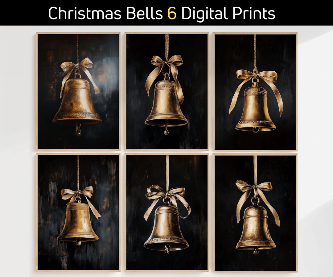 Vintage Christmas Bells Set of 6, Dark Festive Print, Moody Holiday ...