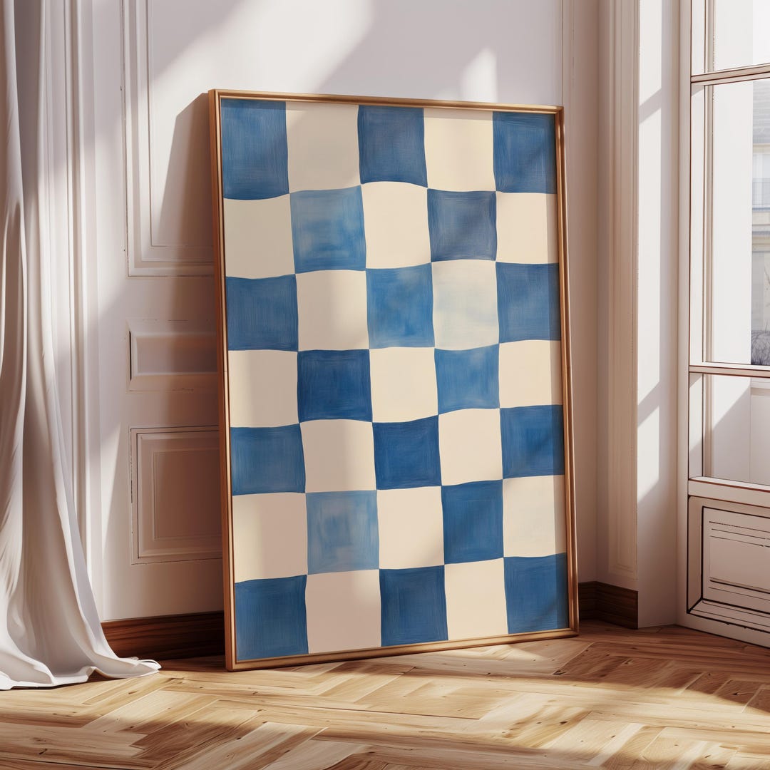 Blue Checkerboard Poster Wall Art, Indigo Checker Pattern Art Prints ...