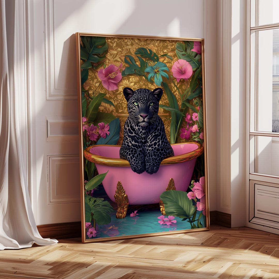 Maximalist Black Leopard Oil Painting, Maximalist Bathroom Wall Art ...