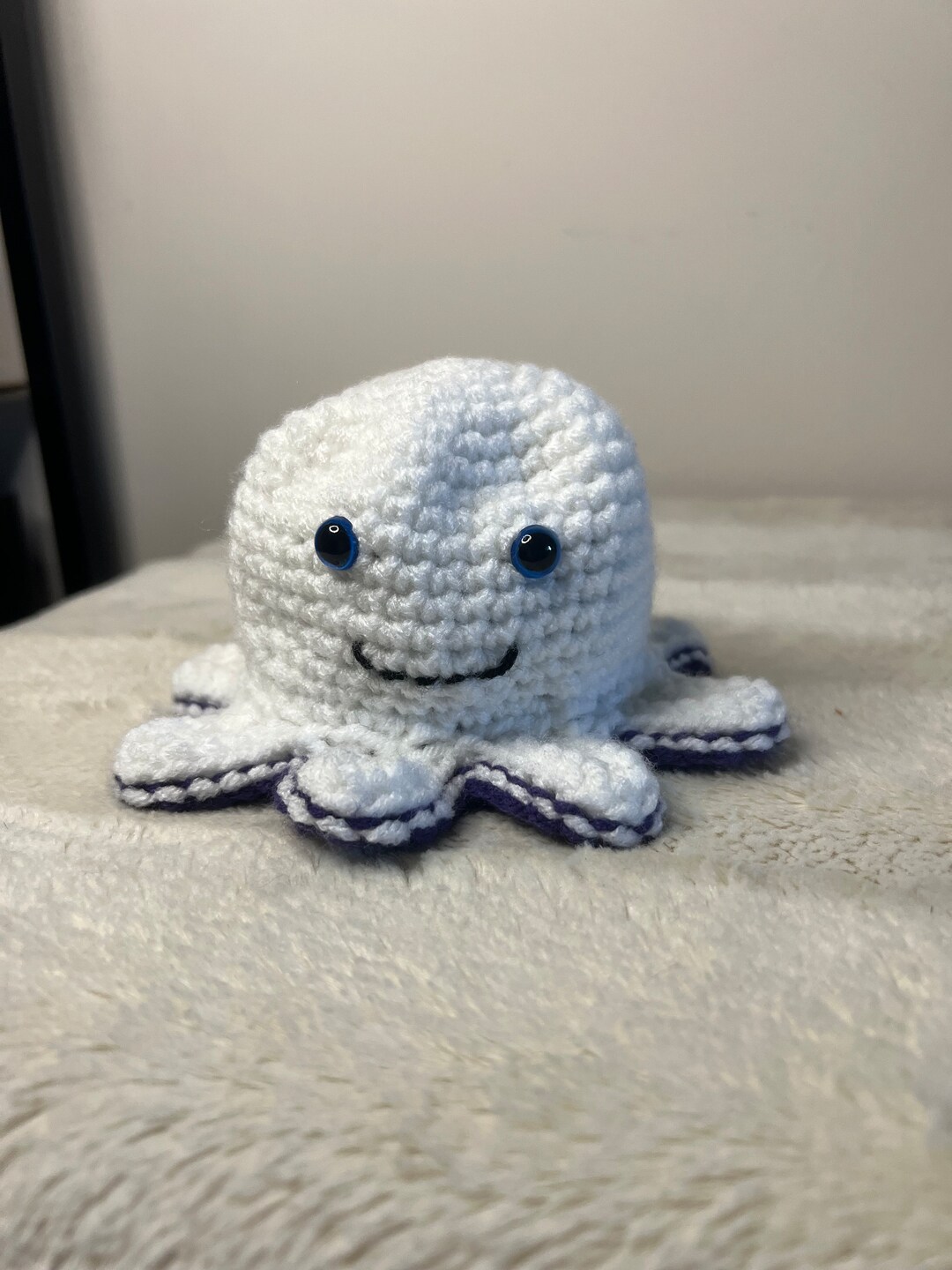 Crocheted Reversible Octopus Toy - Purple Sad Face & White Happy Face ...