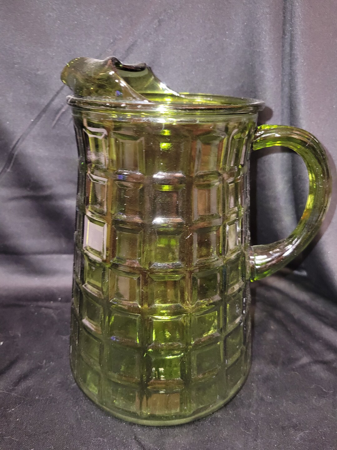 Nice Large Green Glass Pitcher Block Design Ice Keeper Spout Iced Tea ...