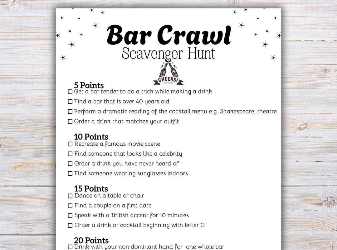 Bar Crawl Scavenger Hunt - Printable Game for Birthday Bar Crawl ...