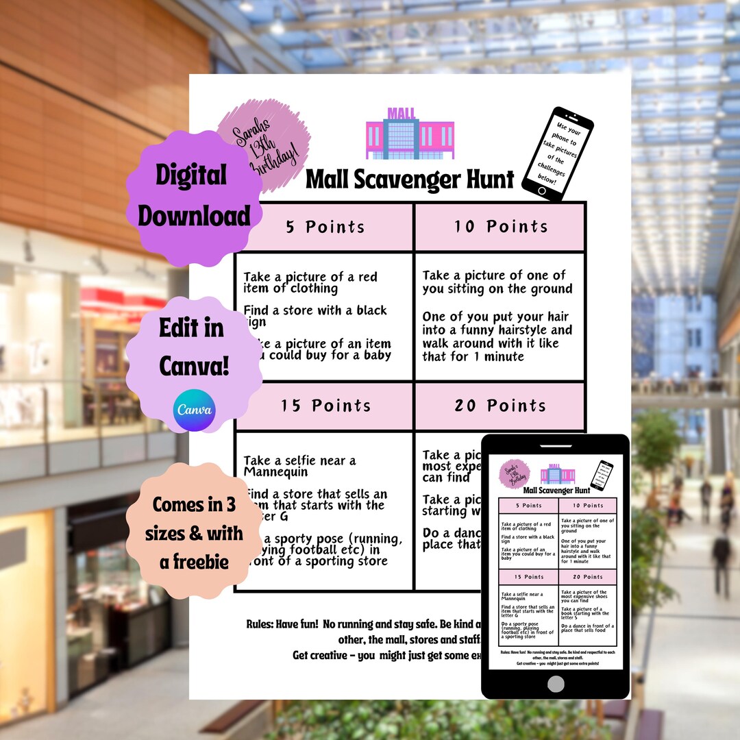 Mall Scavenger Hunt Printable Digital Download Ideal for Tweens and ...