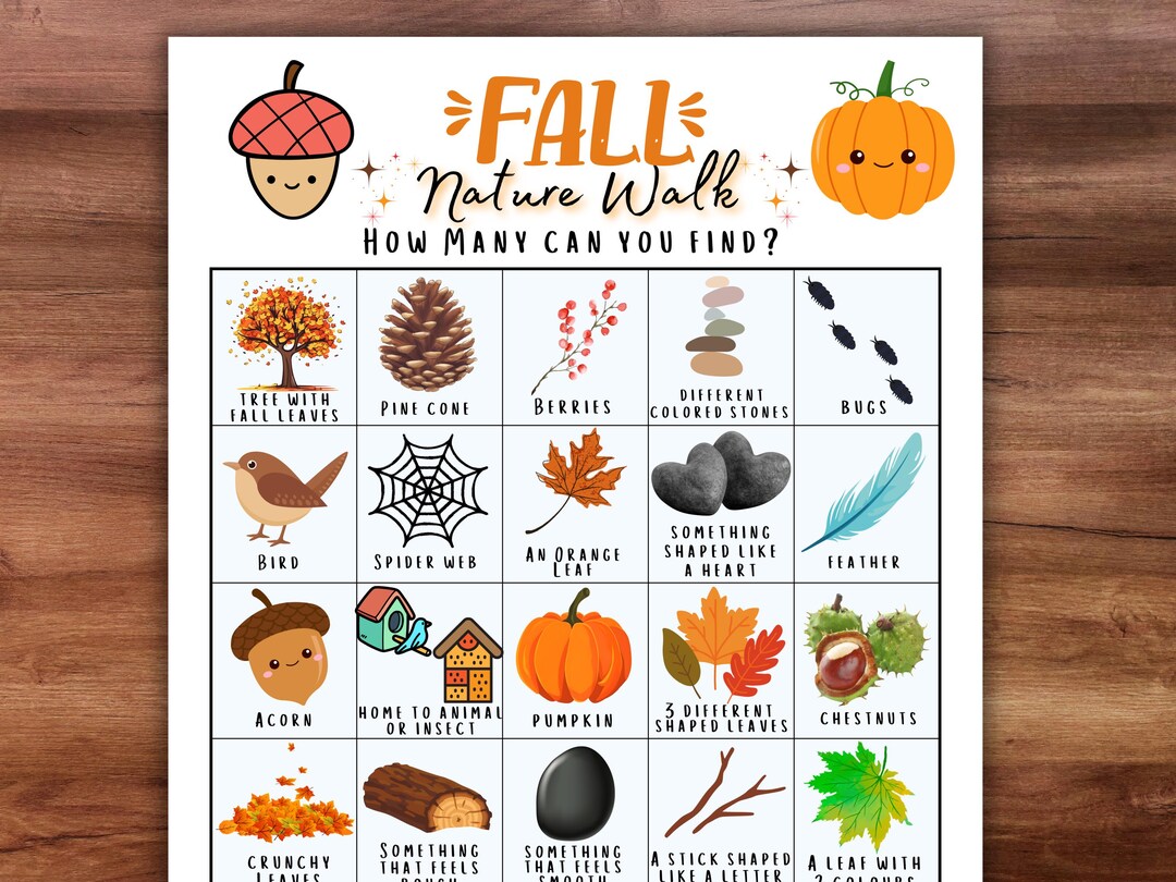 Fall Scavenger Hunt Printable: Autumn Nature Walk Bingo Game (PDF ...