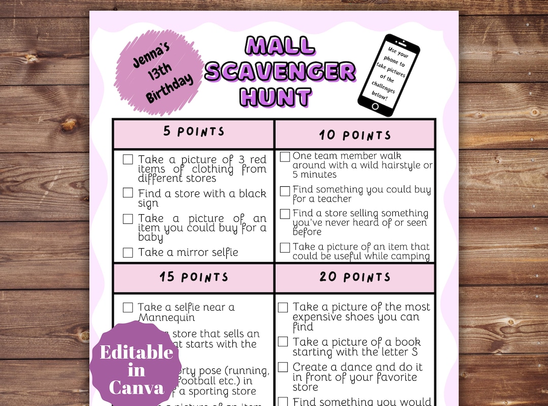 Mall Scavenger Hunt Game – Printable Activity for Tweens and Teens ...