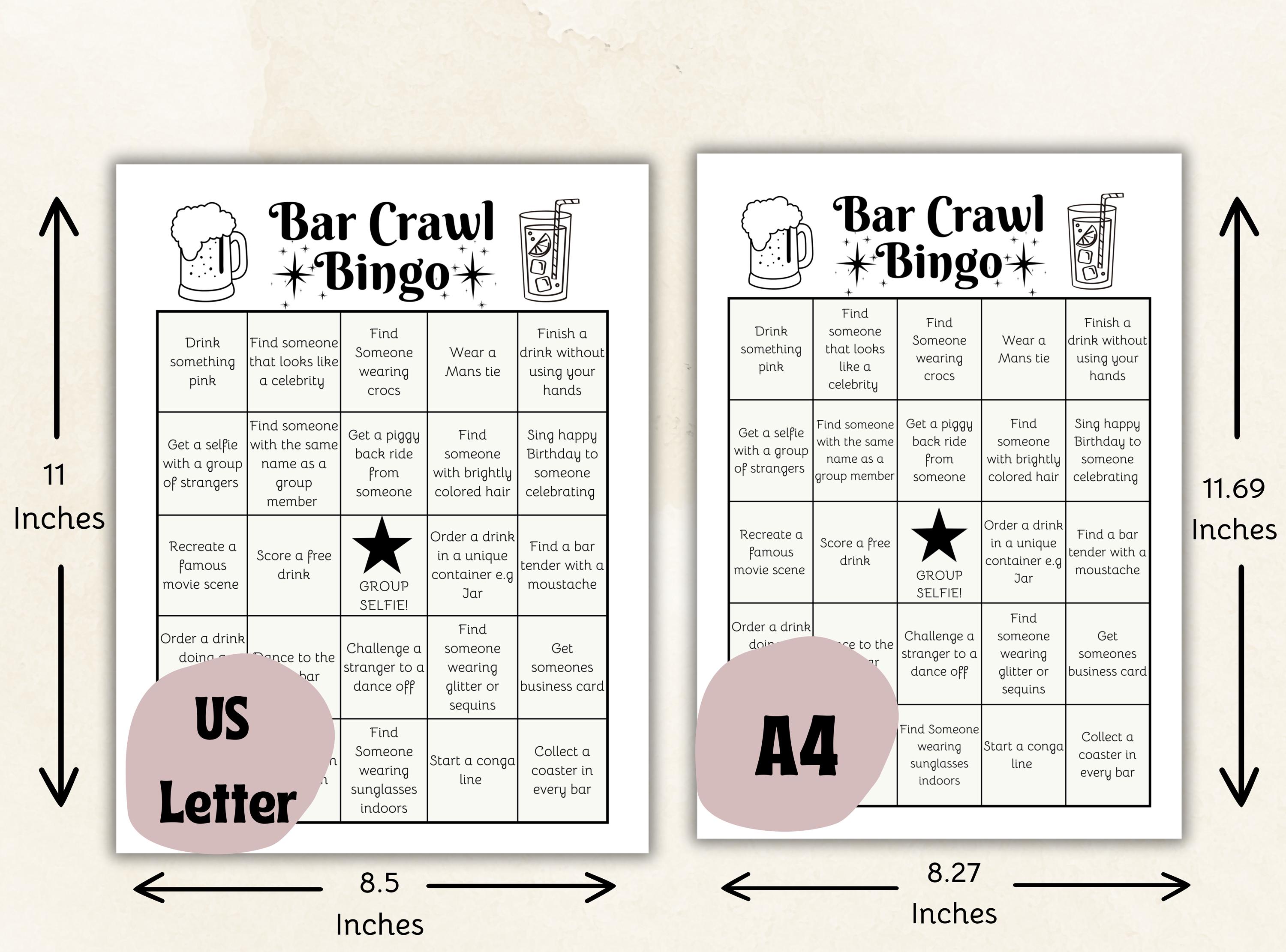 Bar Crawl Bingo - Pub Crawl Drinking Bingo Game for Birthday Party Bar ...