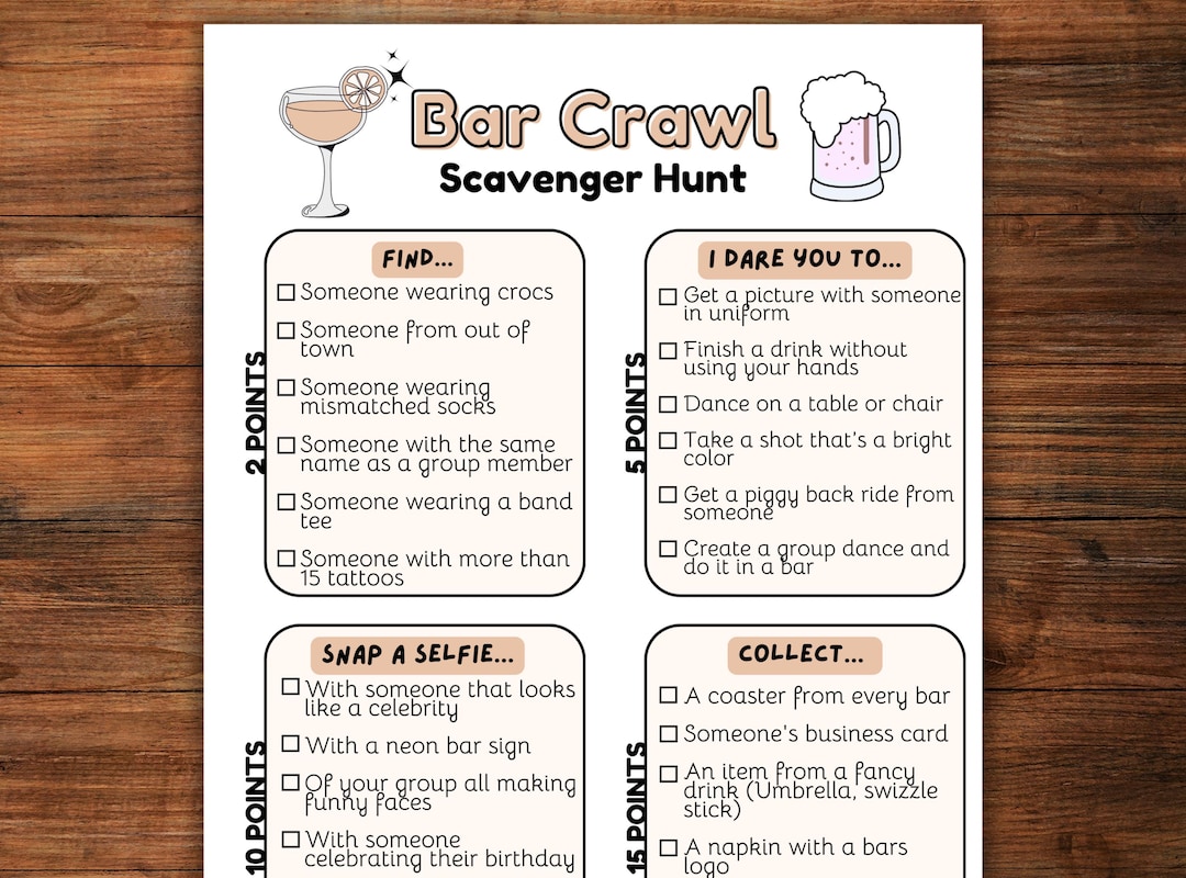 Bar Crawl Scavenger Hunt: Adult Drinking Game (digital Download) - Etsy