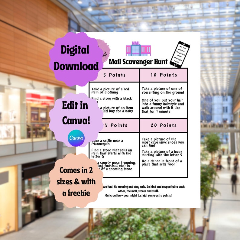Mall Scavenger Hunt Printable Digital Download Ideal for Tweens and ...