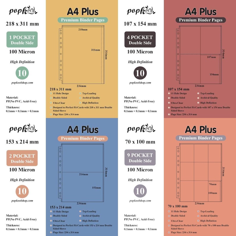 A4 Plus Size Premium Binder Pages | 1/2/4/9 Pockets | 10 Double-sided ...