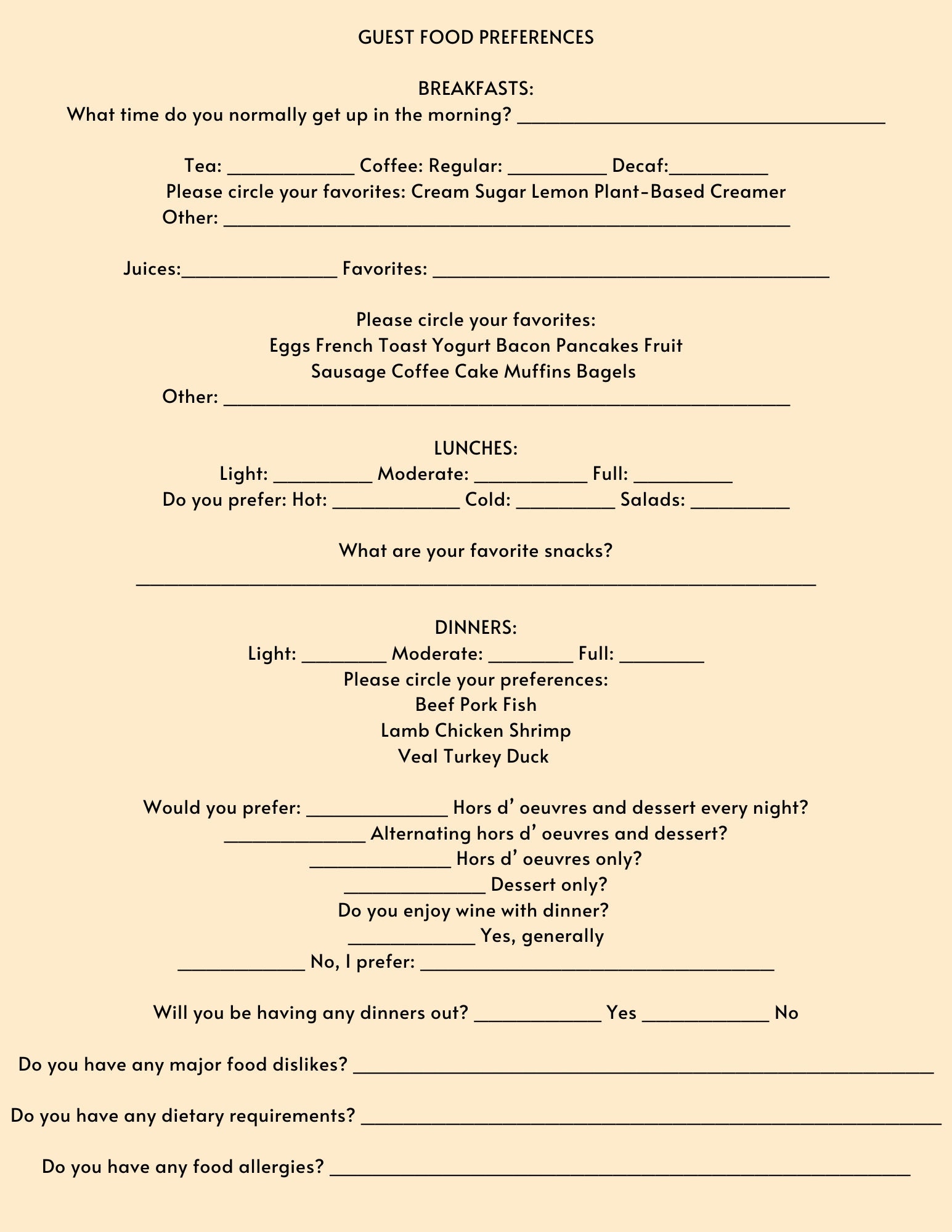Food Guest Preference Sheet, Below Deck, Guest Food Questionnaire, Food ...