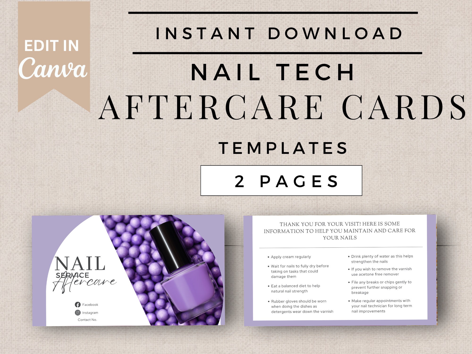 Editable Nail Business Card | Salon Decor | Nail Technician Instagram ...