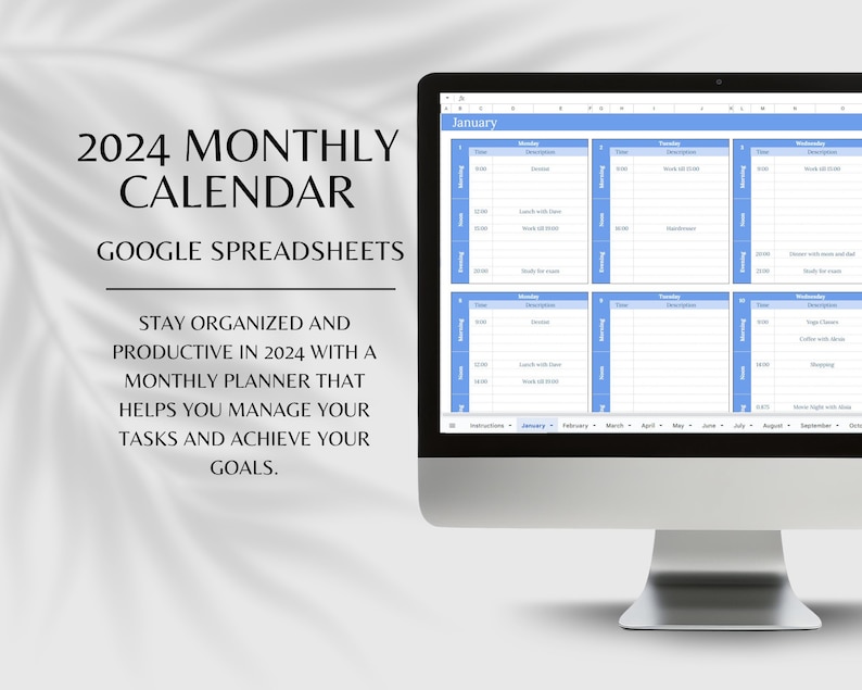 Monthly Calendar Spreadsheet Template Google Sheets | Task Tracker ...