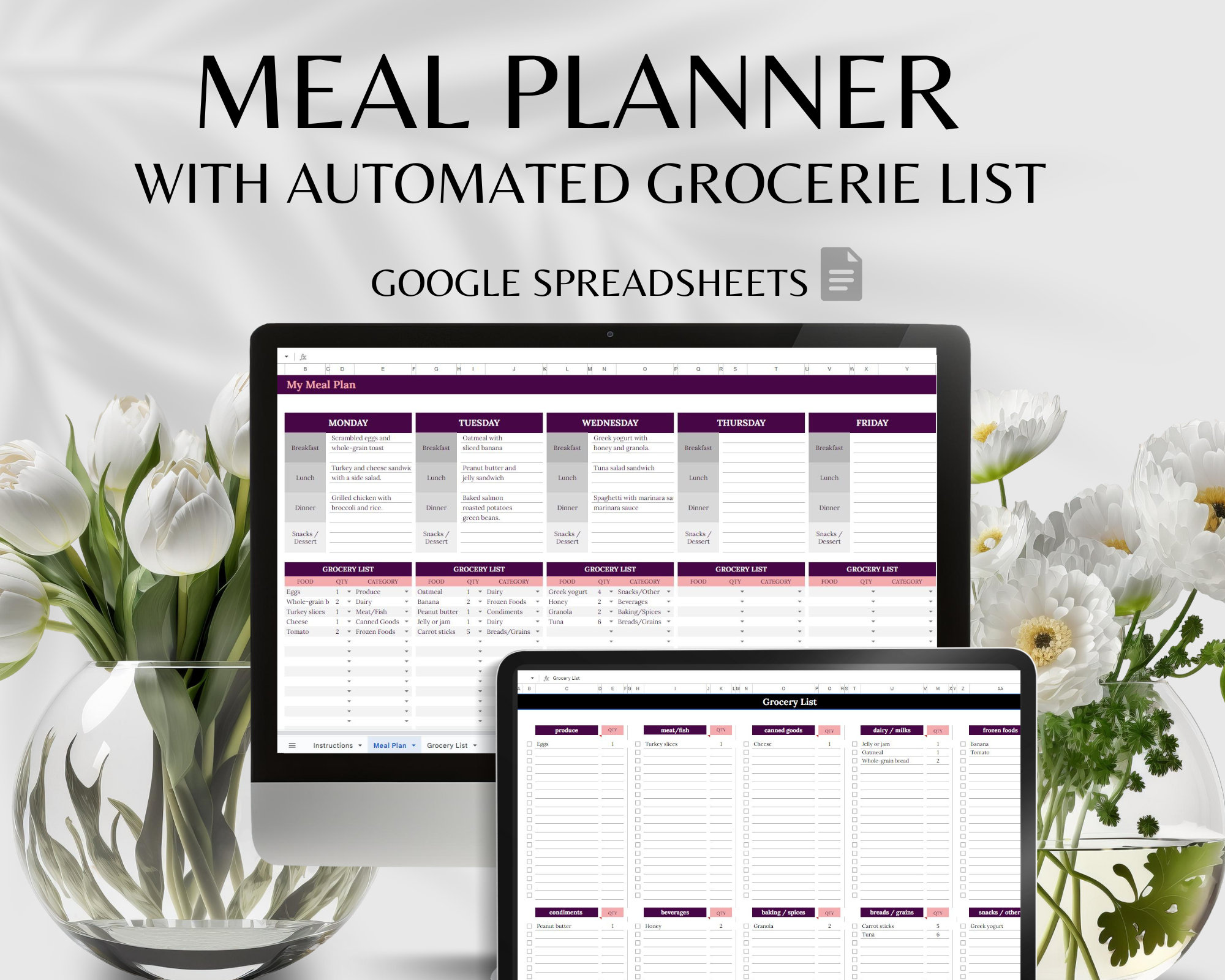 Google Sheets Automated Shopping List Weekly Meal Planner Template and ...