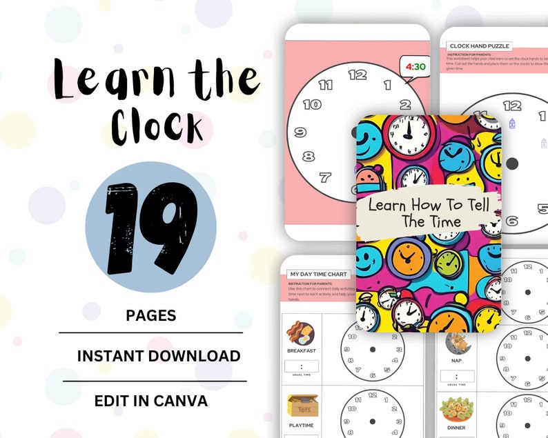 Learn the Clock Workbook Preschool Kindergarten Worksheets Canva ...