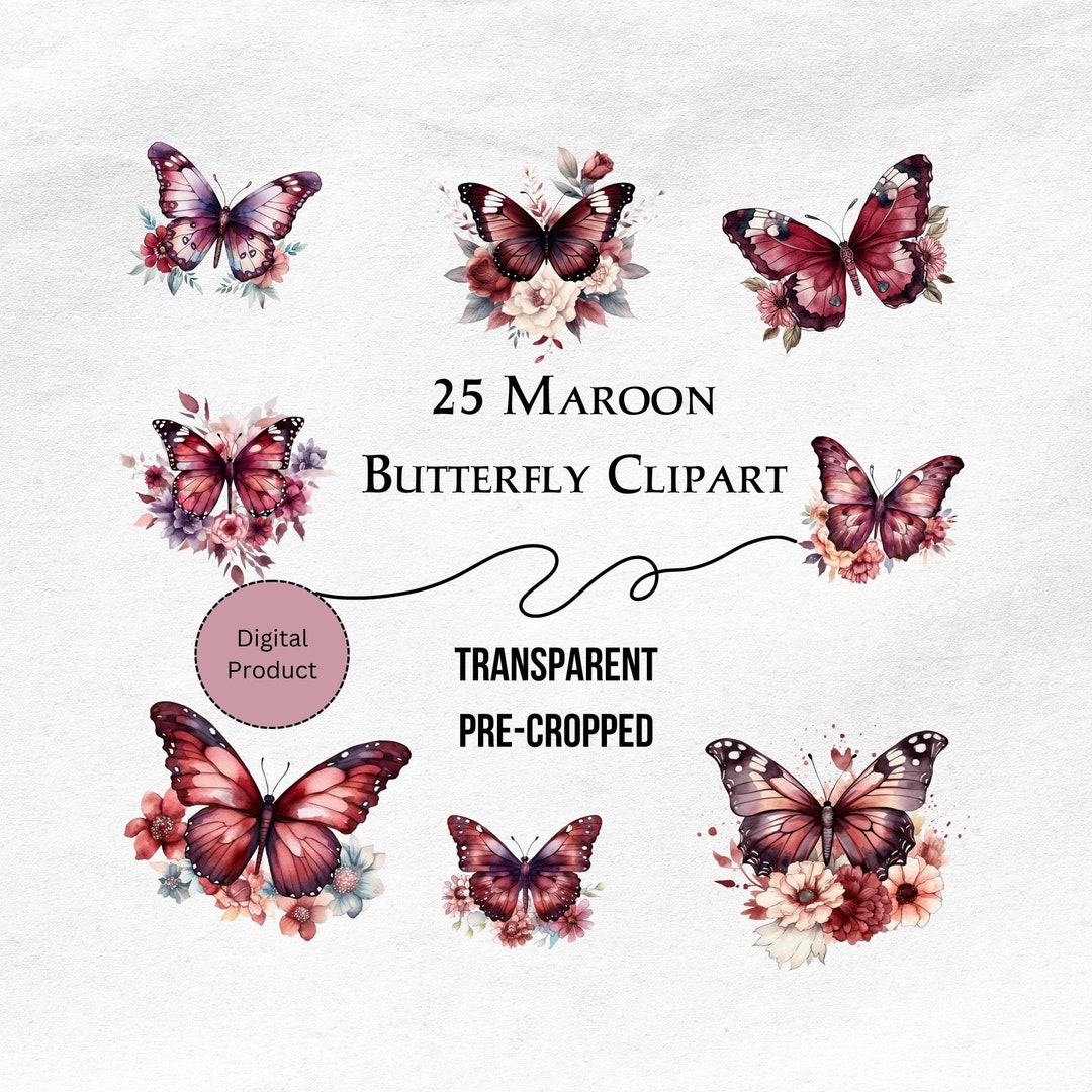 25 Maroon Watercolor Butterflies Clipart Digital Stickers PNG ...