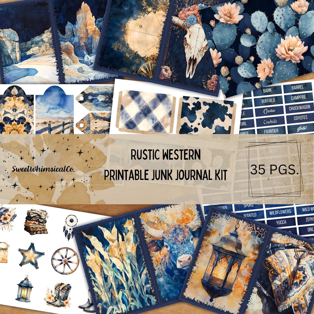 Rustic Western Printable Junk Journal Starter Kit Dark Blue Beige ...