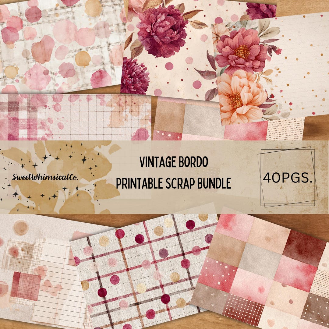 Vintage Bordo Printable Scrapbook Paper, Backing Pages, Grunge, Beige ...