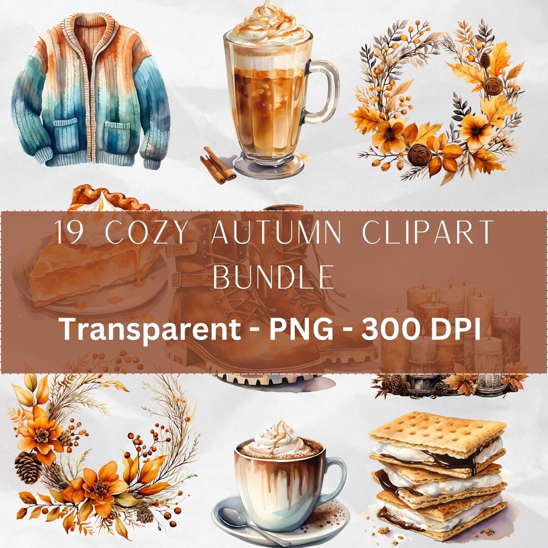 Cozy Autumn Watercolor Clipart Bundle, Fall Leave Stickers, Pumpkin PNG ...