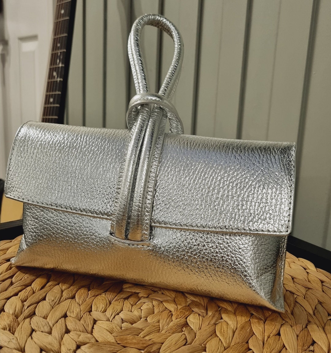 Genuine Leather Metallic Silver Clutch Bag Silver Evening Bag Silver ...