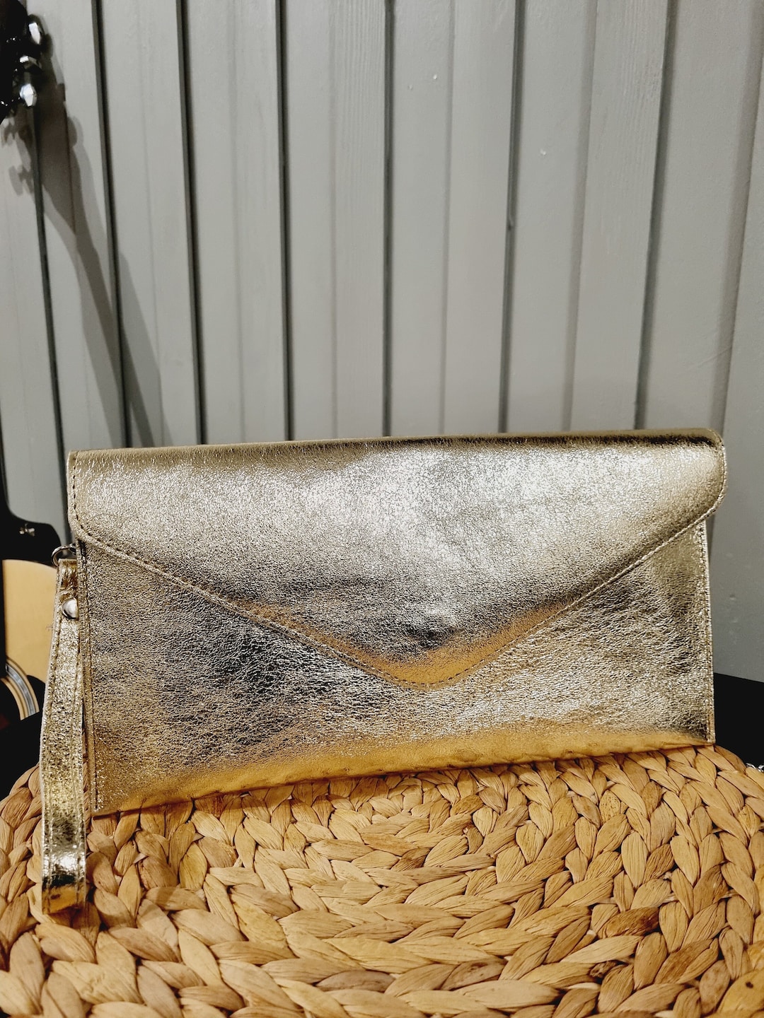 Real Leather Metallic Gold Clutch Bag Gold Evening Bag Gold Party Bag ...