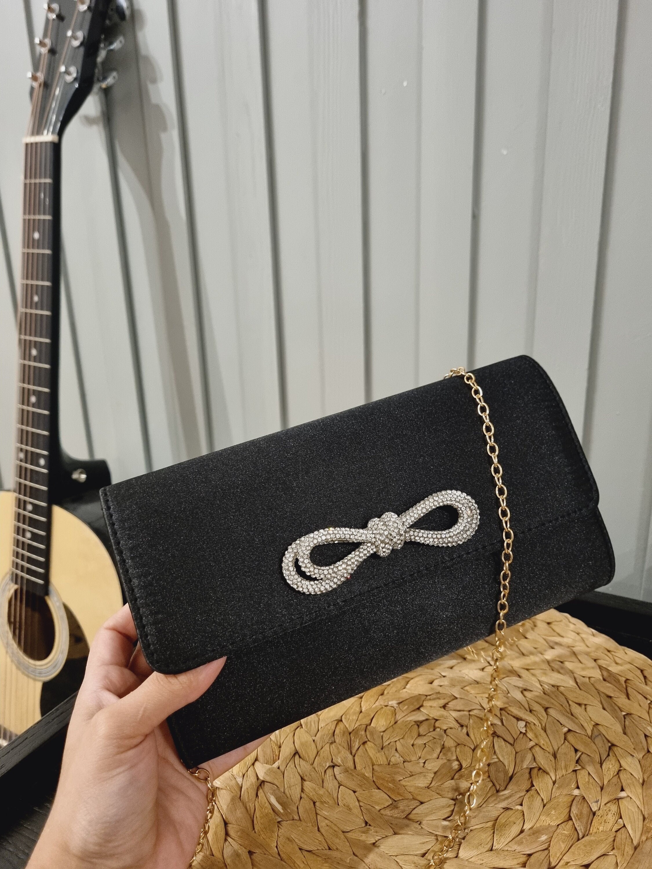 Black Satin Clutch Bag, Diamante Bow Bag, Black Evening Bag, Black ...